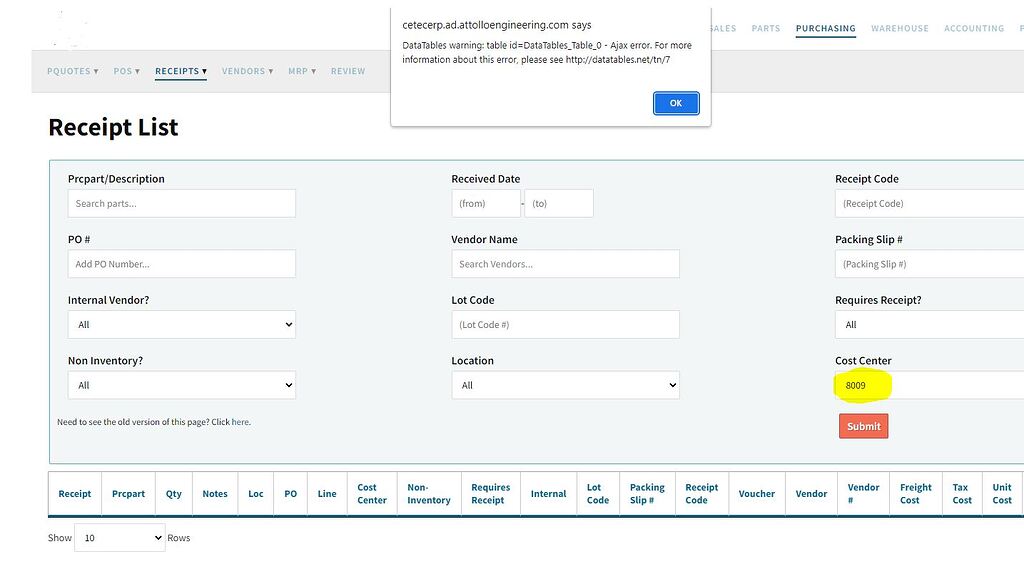 Datatable Error: - Purchasing- Receipts (new version) - Software Bugs ... Datatable Error: - Purchasing- Receipts (new version) - Software Bugs ...